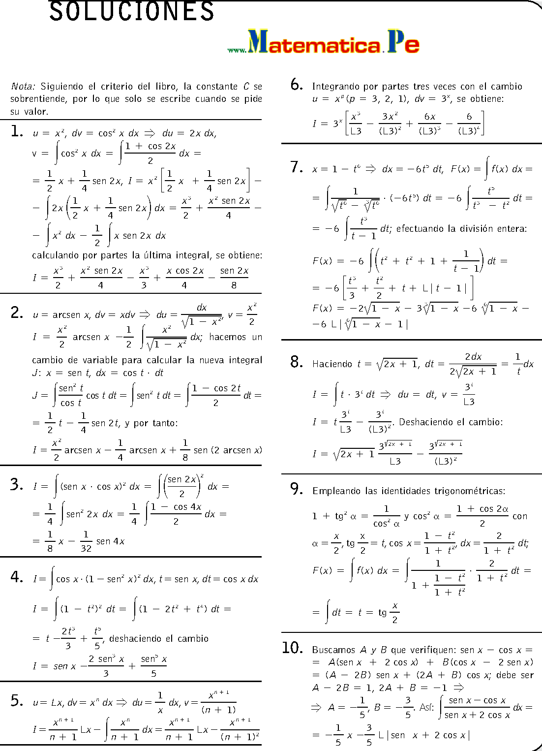 INTEGRALES INDEFINIDAS EJERCICIOS RESUELTOS PDF INTEGRALES INDEFINIDAS EJERCICIOS RESUELTOS PDF